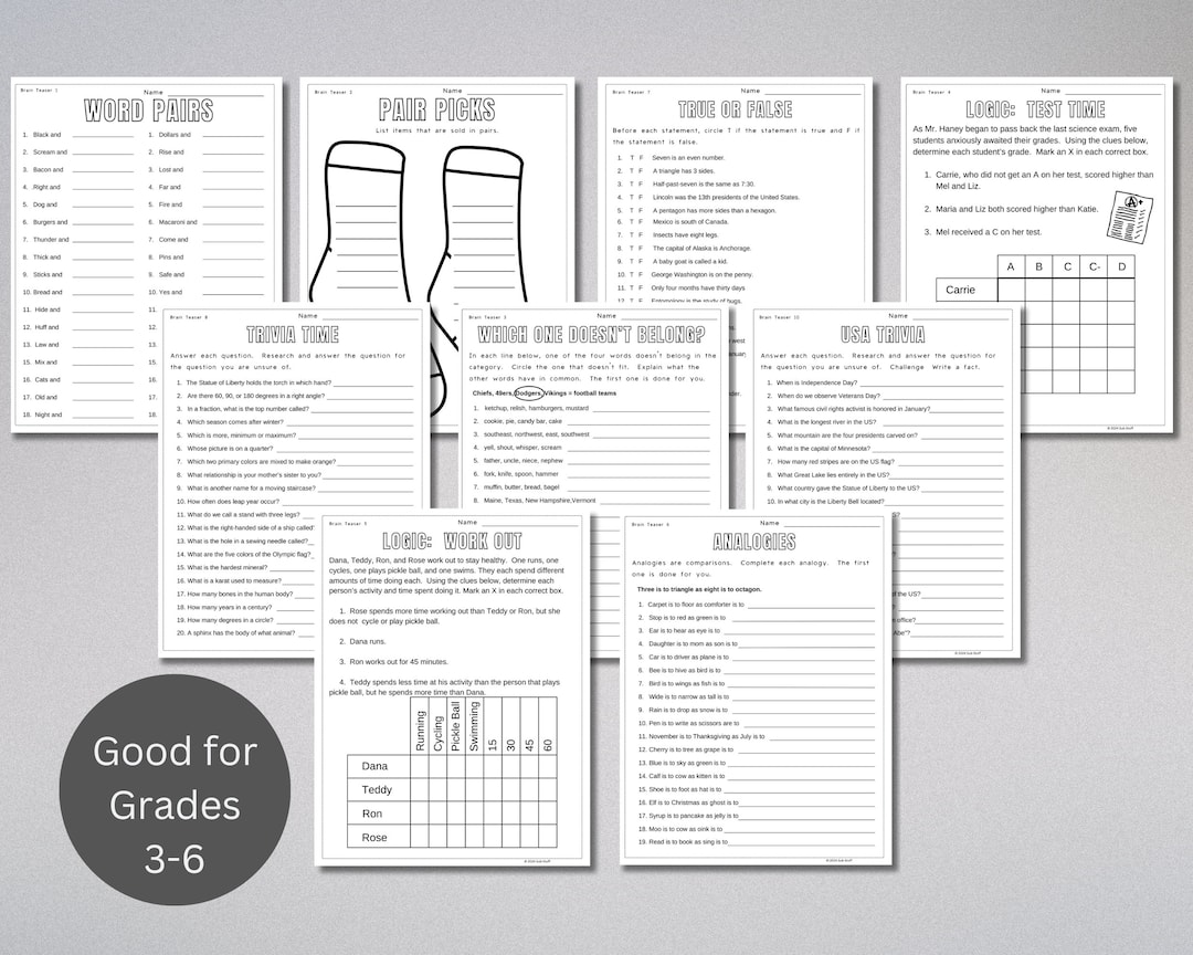 Brain Teasers Word Puzzles Bundle for Grades 3-6 Printable, Thinking ...