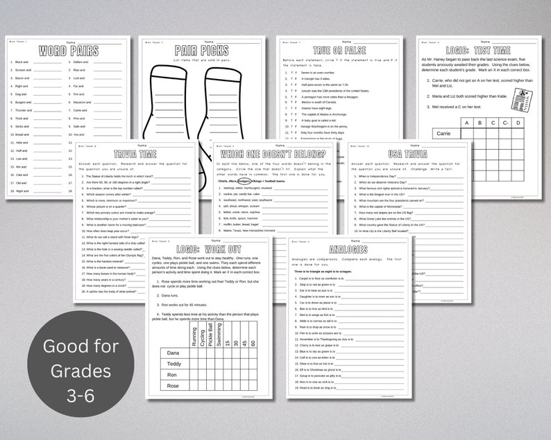 Brain Teasers Word Puzzles Bundle for Grades 3-6 Printable, Thinking ...