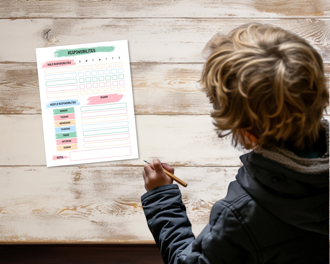 Responsibility Chore Chart for Kids Editable Printable, Daily Weekly ...