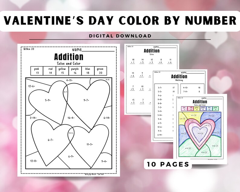 Valentine's Day Color by Number and Matching Addition to 20, Math Color ...