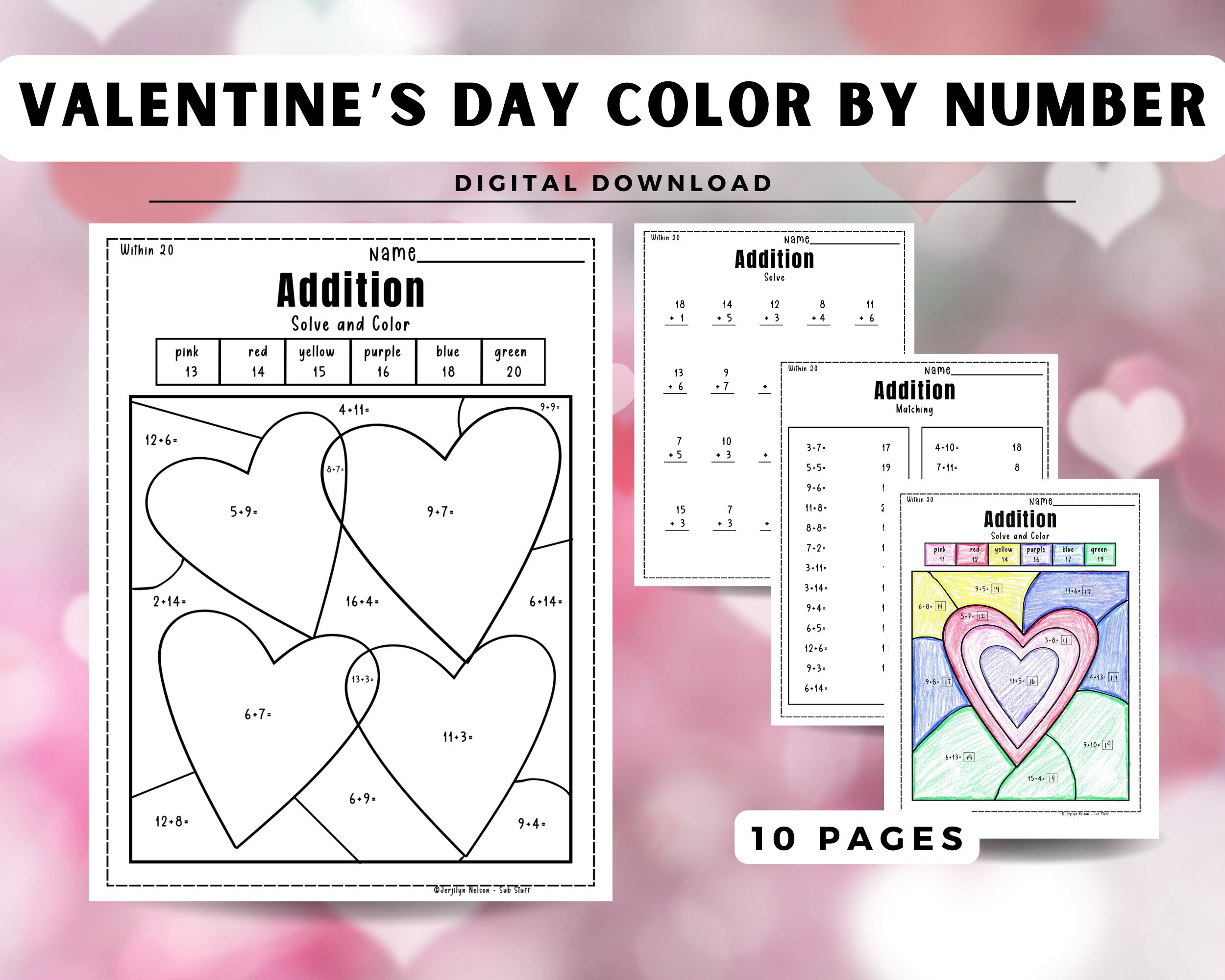 Valentine's Day Color by Number and Matching Addition to 20, Math Color ...