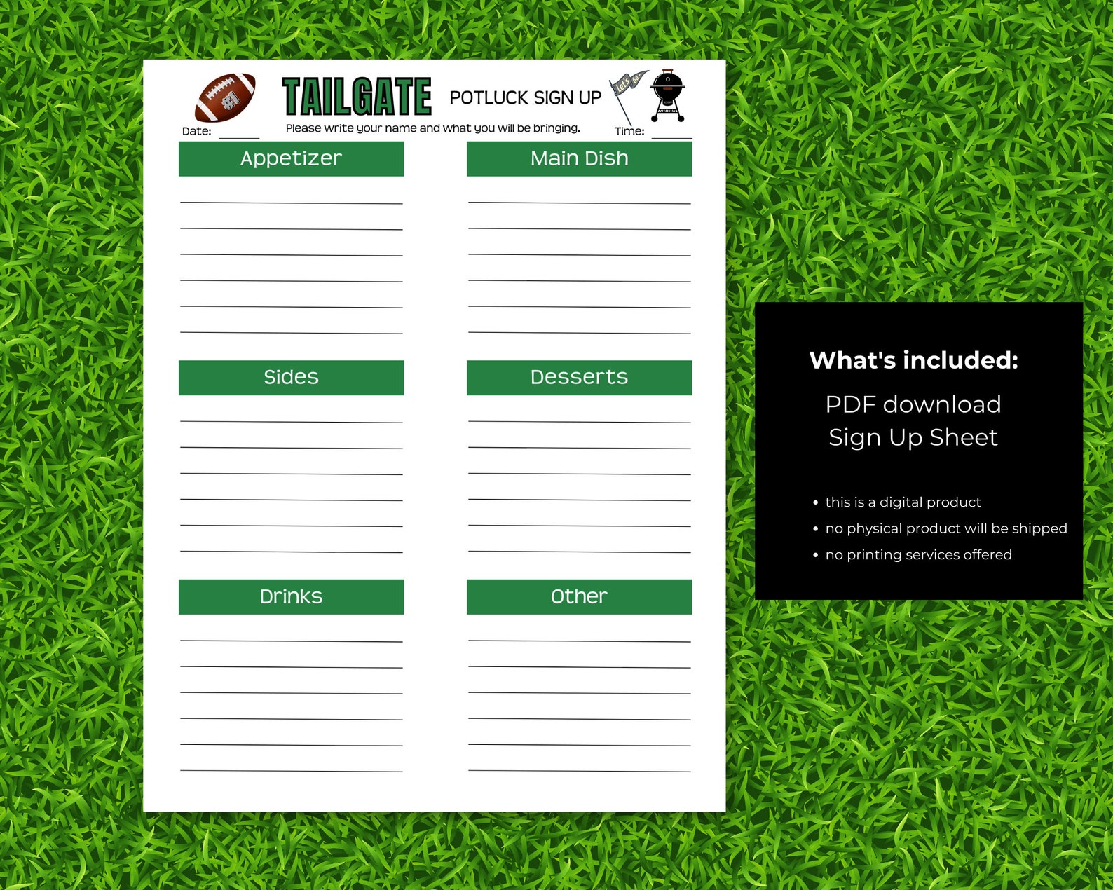 Football Tailgate Party Potluck Sign up Sheet Printable, Potluck Sign ...