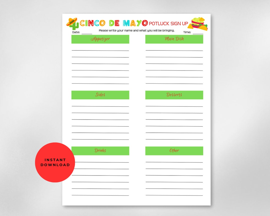Cinco De Mayo Potluck Sign up Sheet Printable, Mexican Fiesta Potluck ...