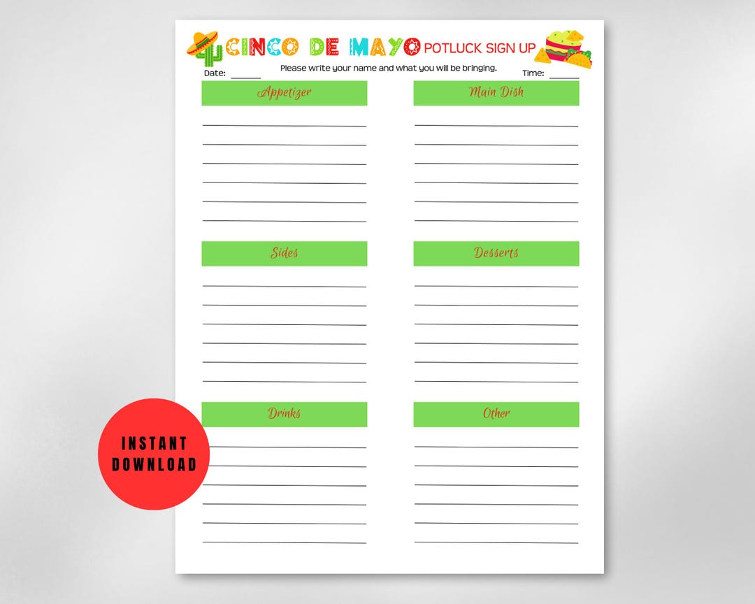 Cinco De Mayo Potluck Sign up Sheet Printable, 8.5 X 11 Fillable PDF ...