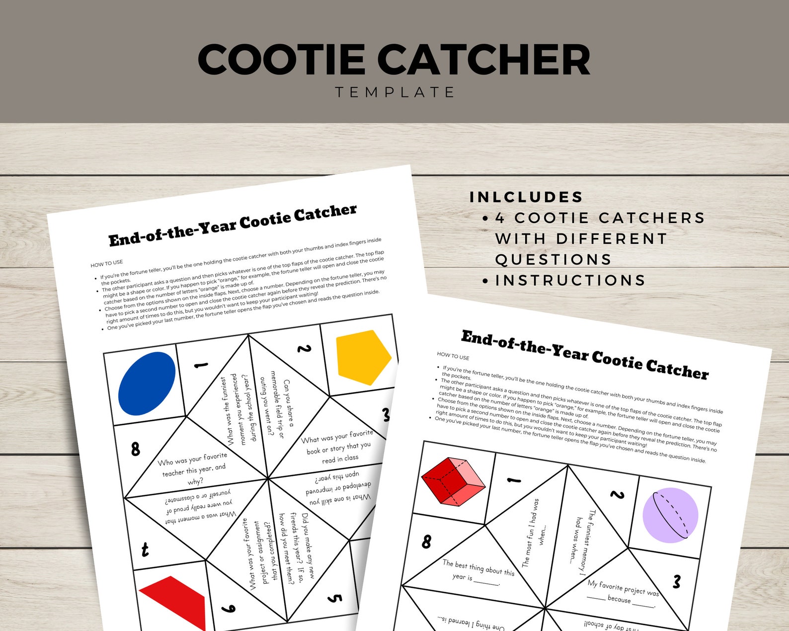 End of the Year Activity Cootie Catcher, Fortune Teller Game for ...