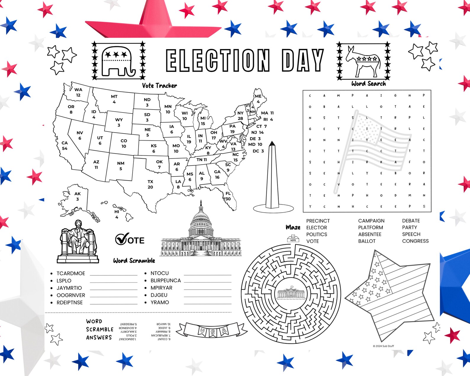 Election Day Activity Page Placemat Printable, Presidential Election ...