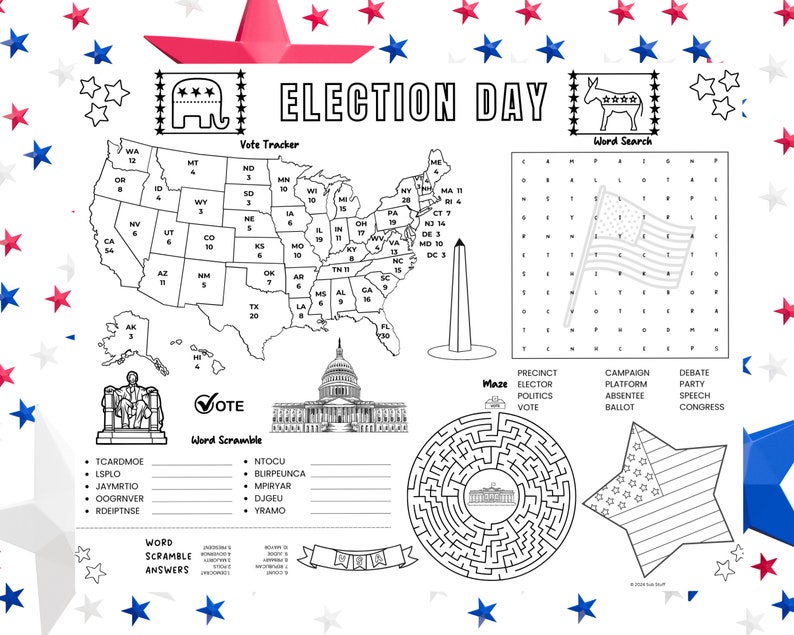 Election Day Activity Page Placemat Printable, Presidential Election ...