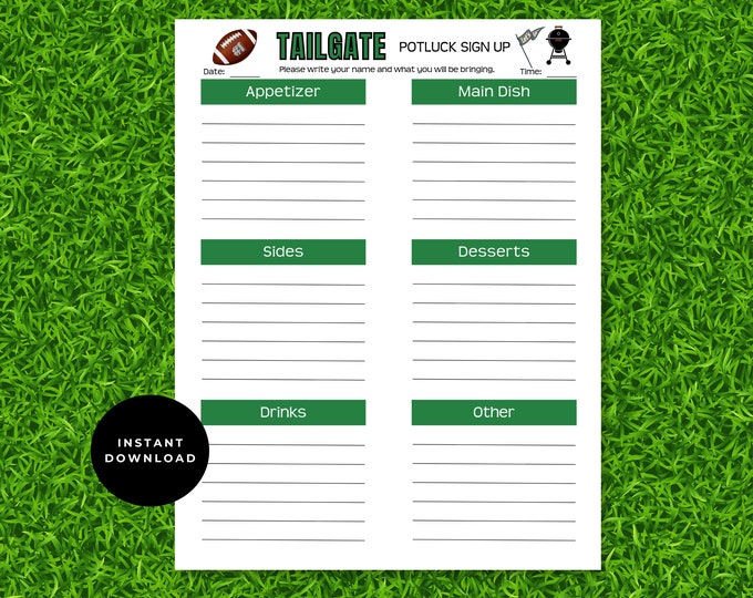 Football Tailgate Party Potluck Sign up Sheet Printable, Potluck Sign ...