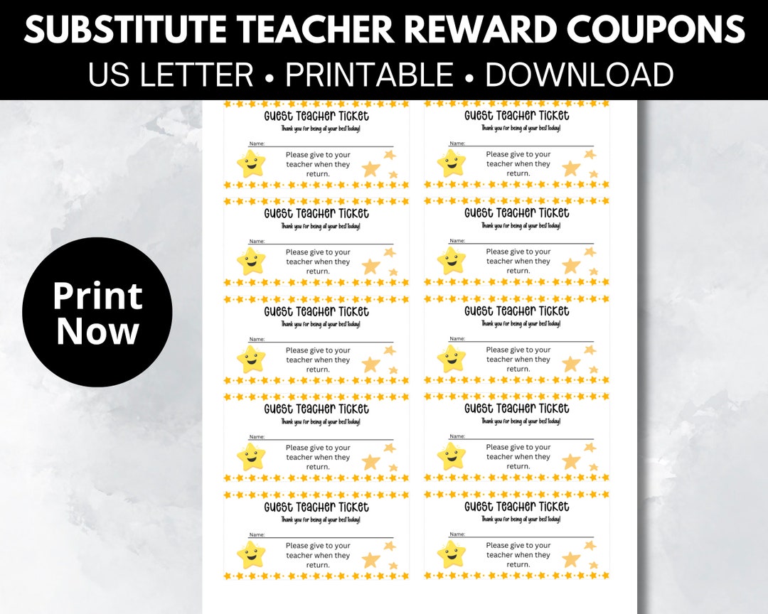 Substitute Teacher Reward Ticket Printable, Substitute Teacher Resource ...