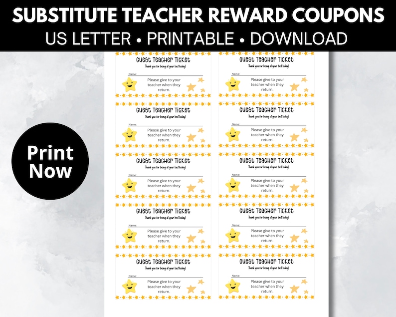 Substitute Teacher Reward Ticket Printable, Substitute Teacher Resource ...