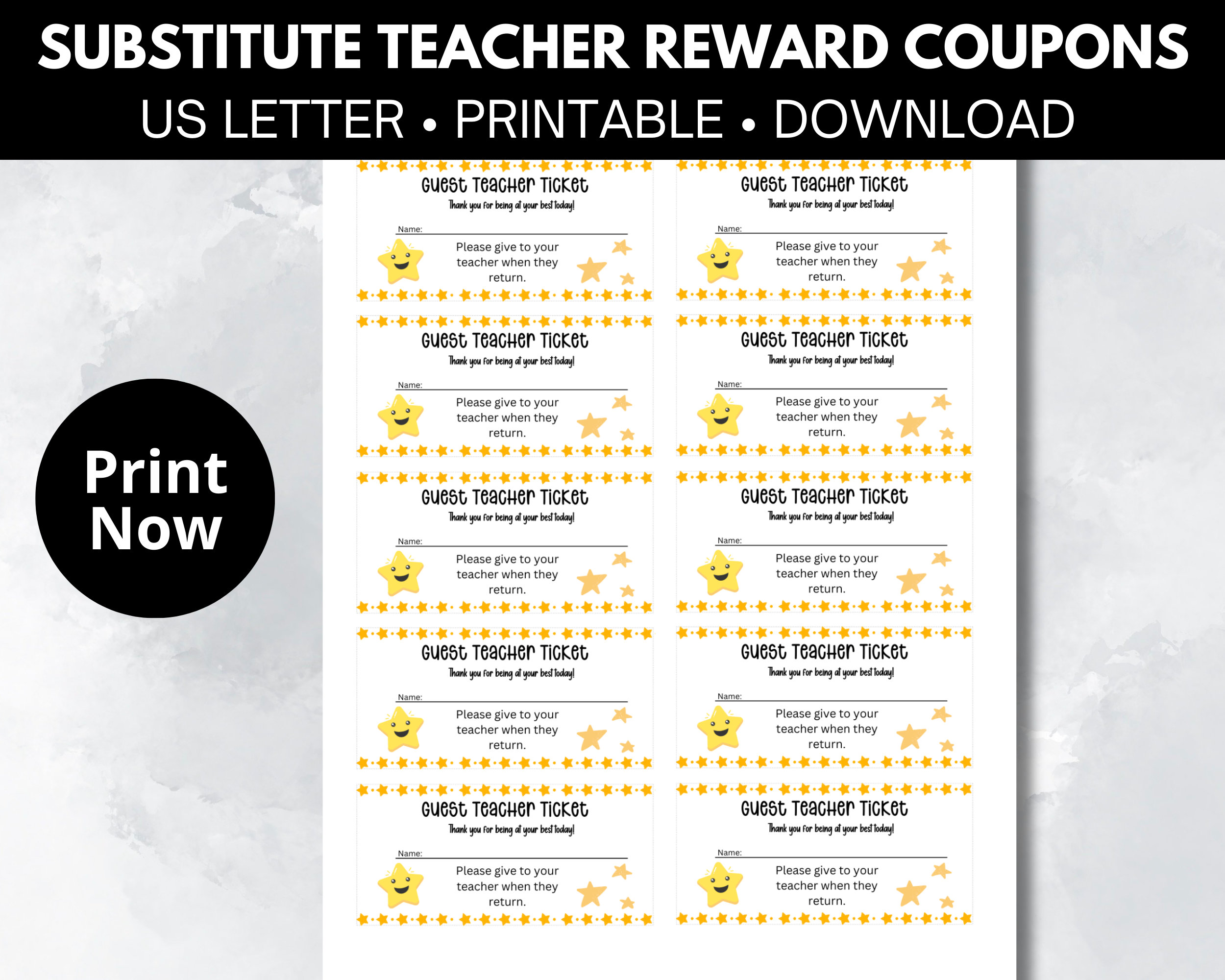 Substitute Teacher Reward Ticket Printable, Substitute Teacher Resource ...