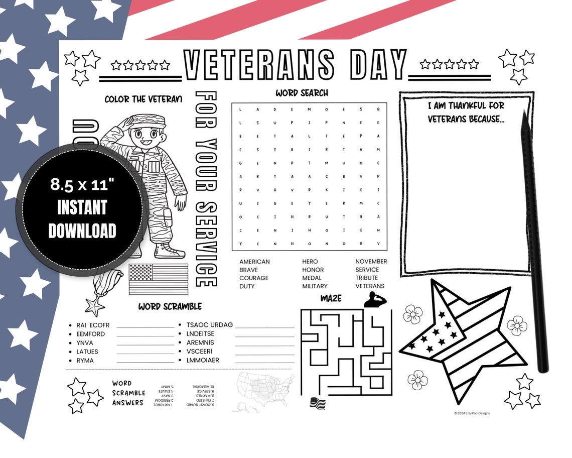 Veterans Day Placemat Activity Page Printable, Word Search, Maze, Word ...