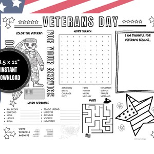 Veterans Day Placemat Activity Page Printable, Word Search, Maze, Word ...