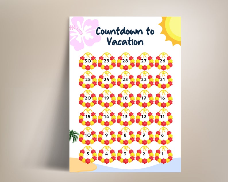 Stay Organized and Excited Tropical Vacay Countdown Printable,30-day ...