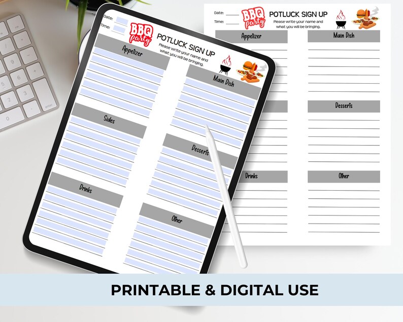 BBQ Backyard Potluck Fillable Sign up Sheet, Sign up for Potluck Lunch ...