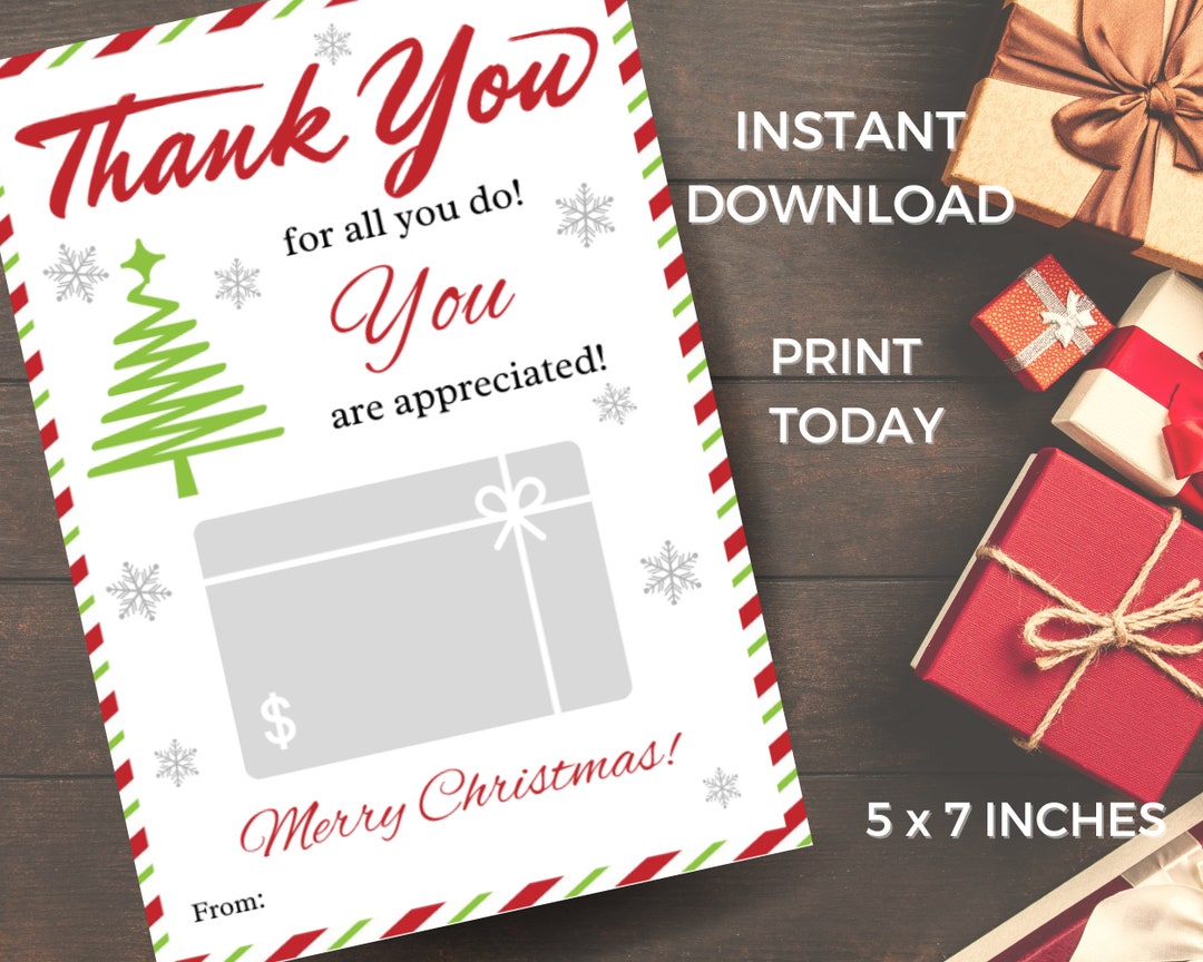 Christmas Thank You Gift Card Holder Printable, 5 X7 Gift Card Holder ...