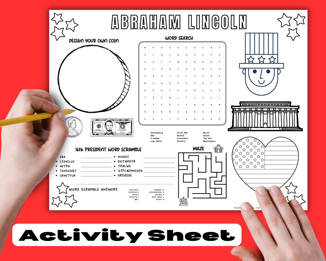 Presidents Day Activity Printable, Abraham Lincoln Coloring Sheet, Word ...