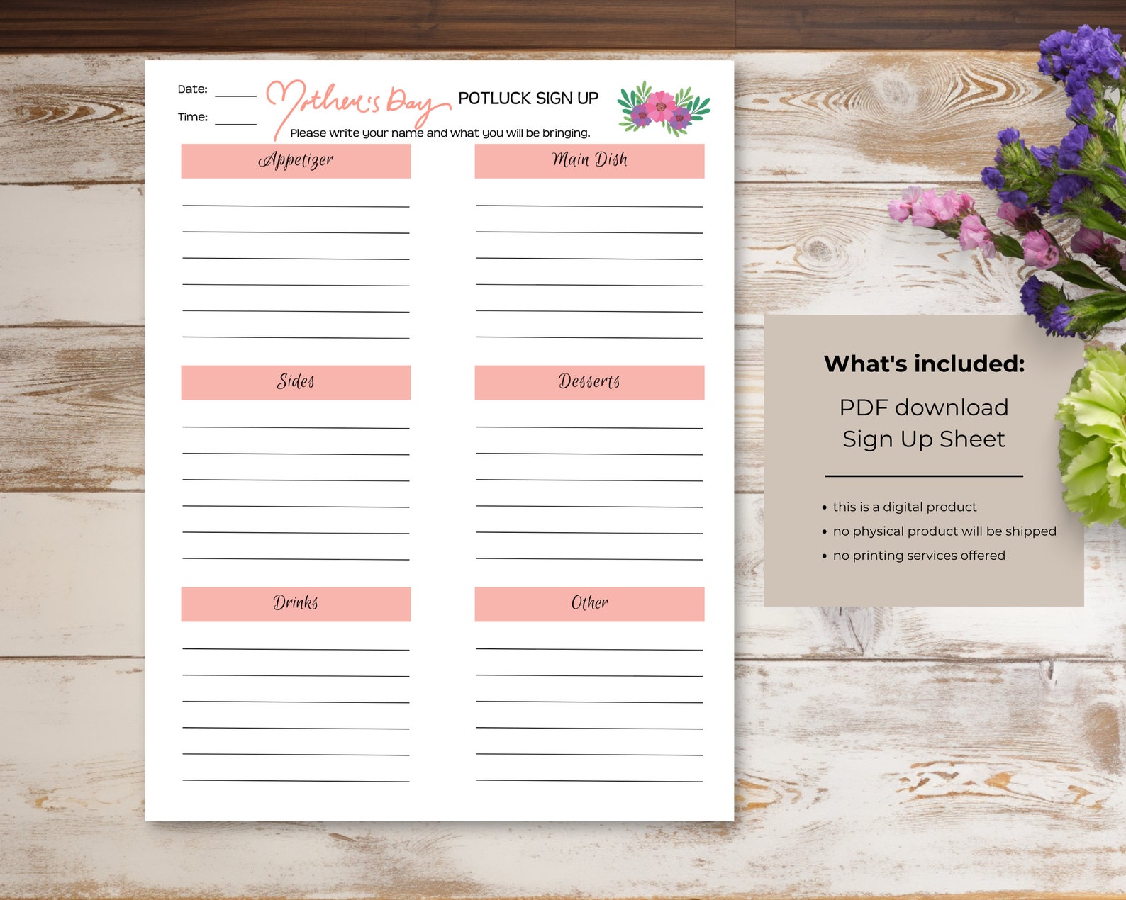 Mother's Day Potluck Sign up Sheet Printable, Mother's Day Brunch ...