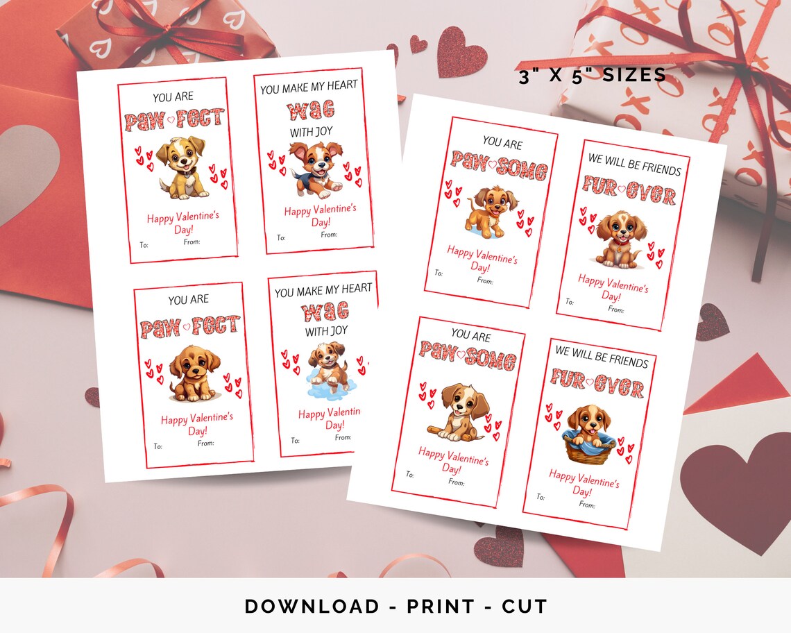 Printable Dog Valentine's Day Cards, Kids School Classroom Exchange ...