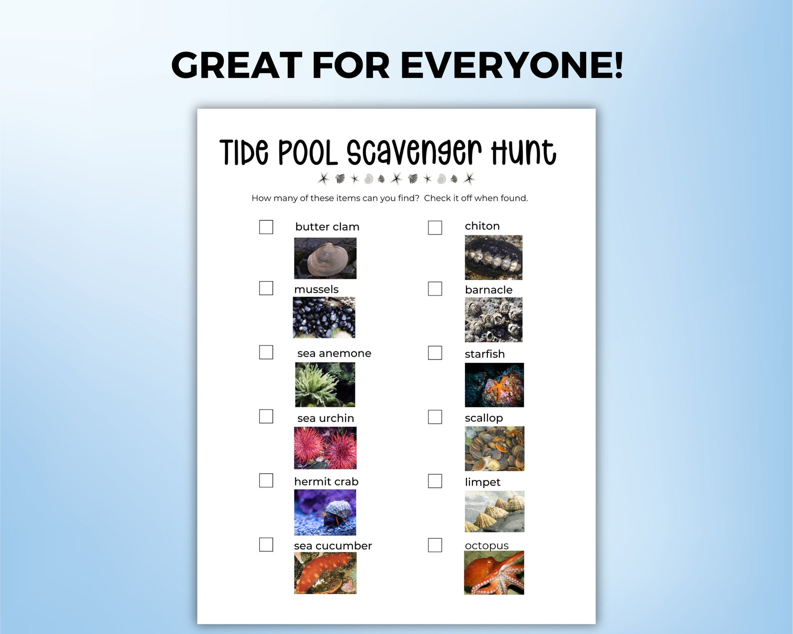 Tide Pool Scavenger Hunt Sea Shell Scavenger Hunt for Kids Beach ...