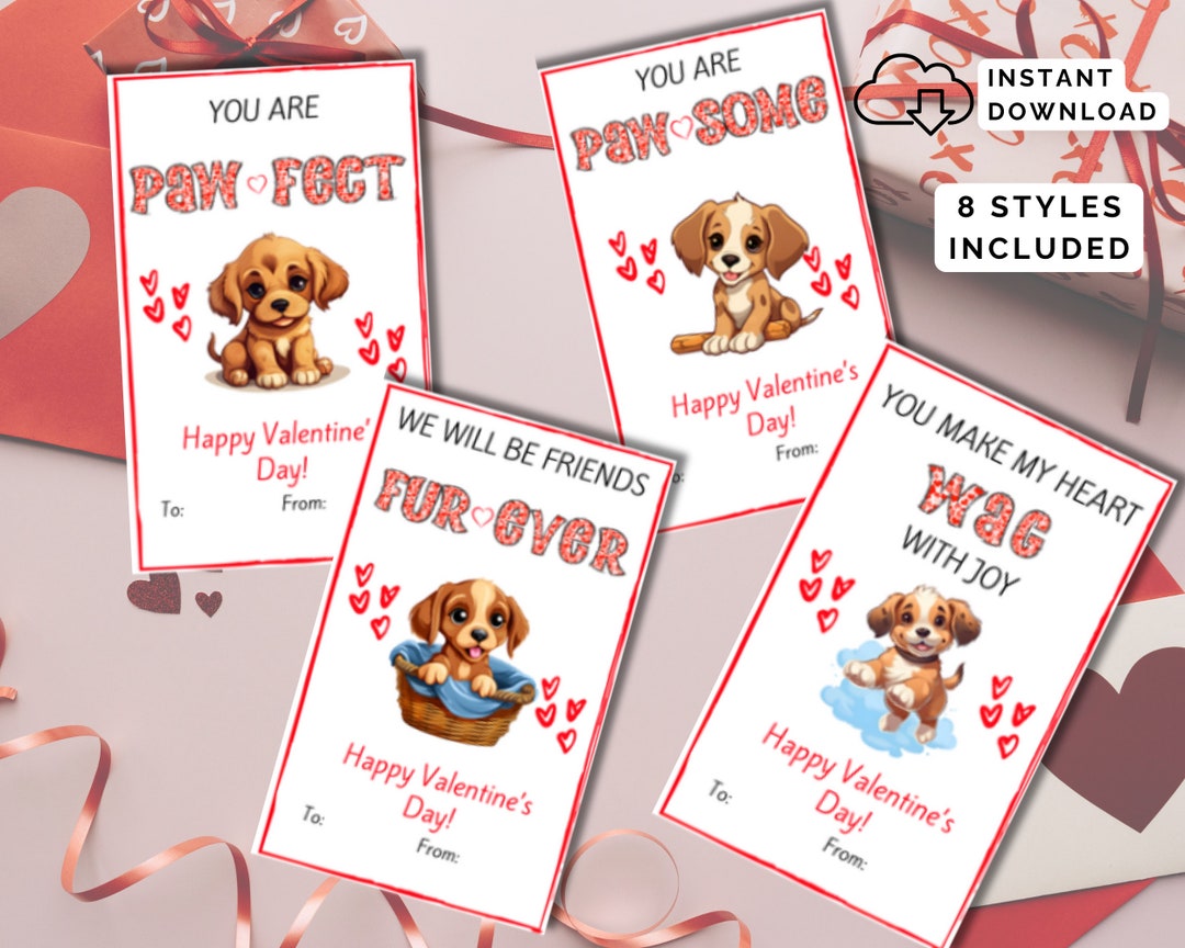 Printable Dog Valentine's Day Cards, Kids School Classroom Exchange ...
