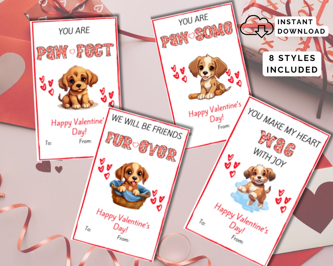 Printable Dog Valentine's Day Cards, Kids School Classroom Exchange ...