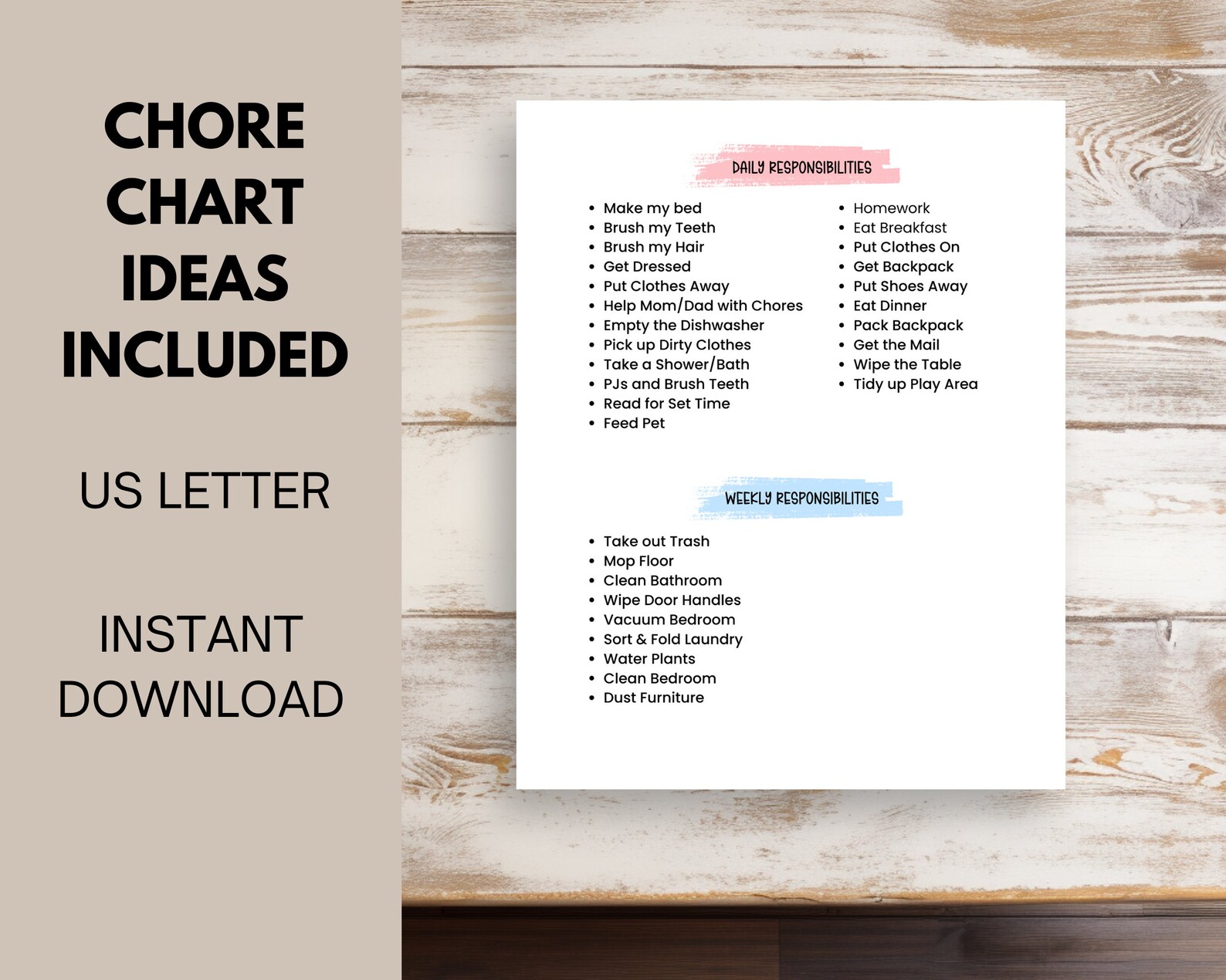 Responsibility Chore Chart for Kids Editable Printable, Daily Weekly ...
