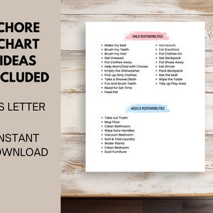 Responsibility Chore Chart for Kids Editable Printable, Daily Weekly ...