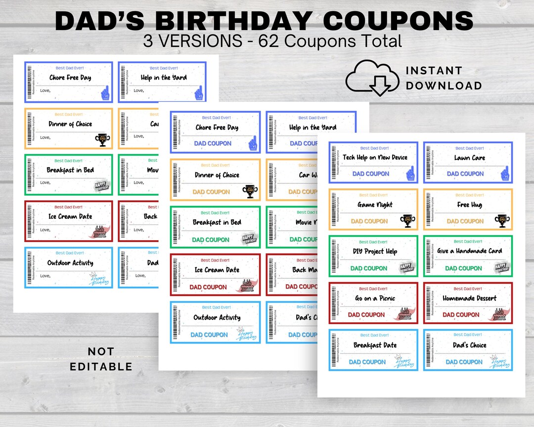 Dad's Birthday Coupon Book Printable, DIY Dad Coupon Book, Dad Gift ...