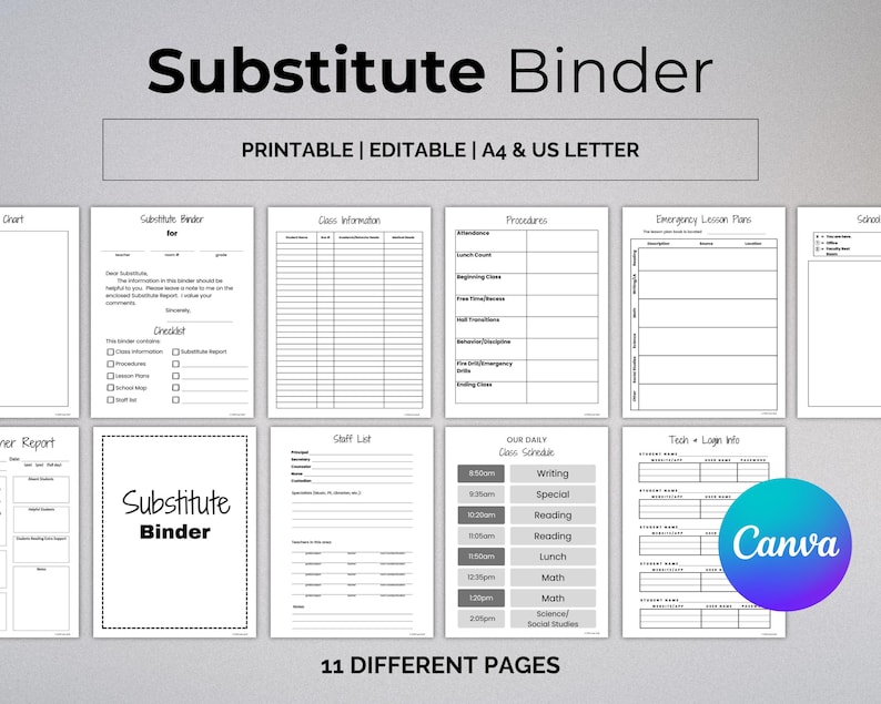 Substitute Teacher Binder Editable Template, Substitute Plans, Sub Plan ...
