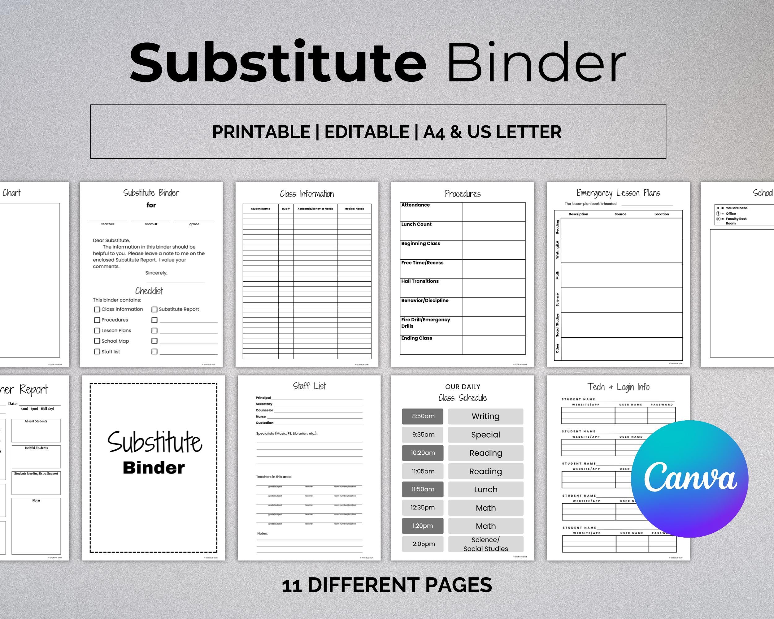 Substitute Teacher Binder Editable Template, Substitute Plans, Sub Plan ...