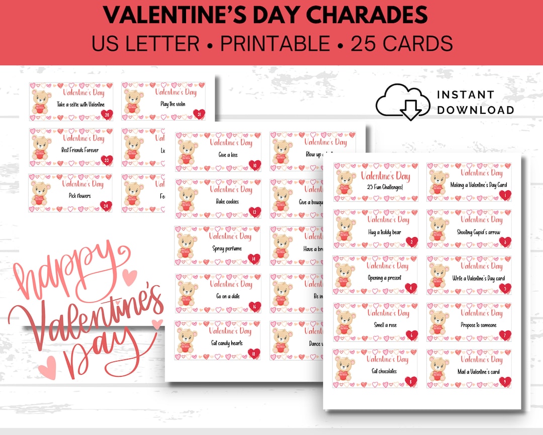 Valentines Day Game Charades, Valentine's Party Game, 25 Cards ...