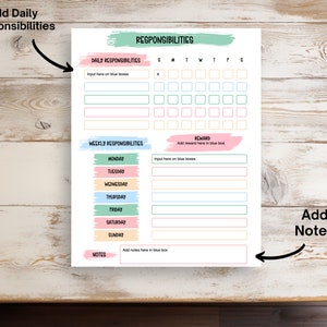 Responsibility Chore Chart for Kids Editable Printable, Daily Weekly ...