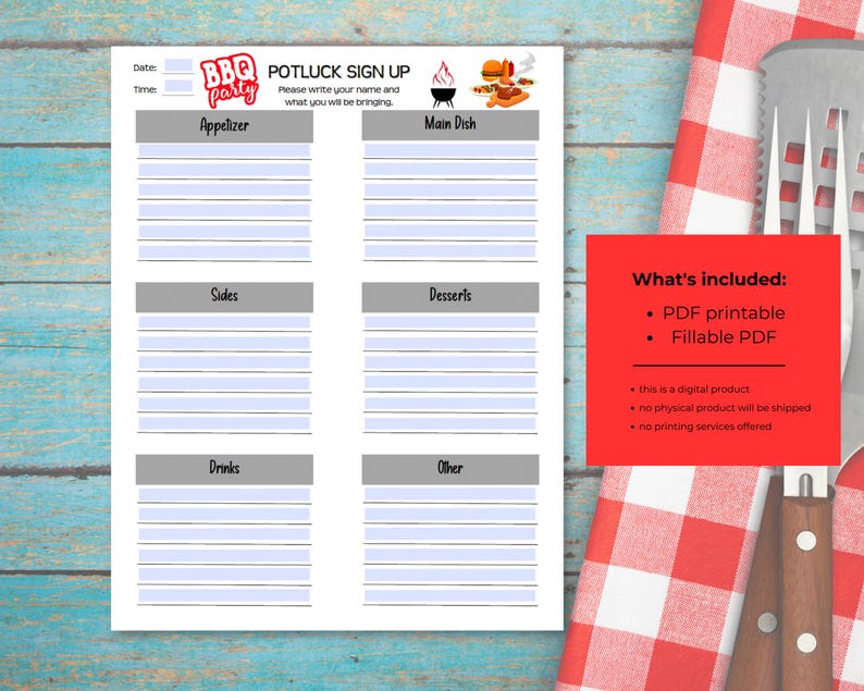 BBQ Backyard Potluck Fillable Sign up Sheet, Sign up for Potluck Lunch ...