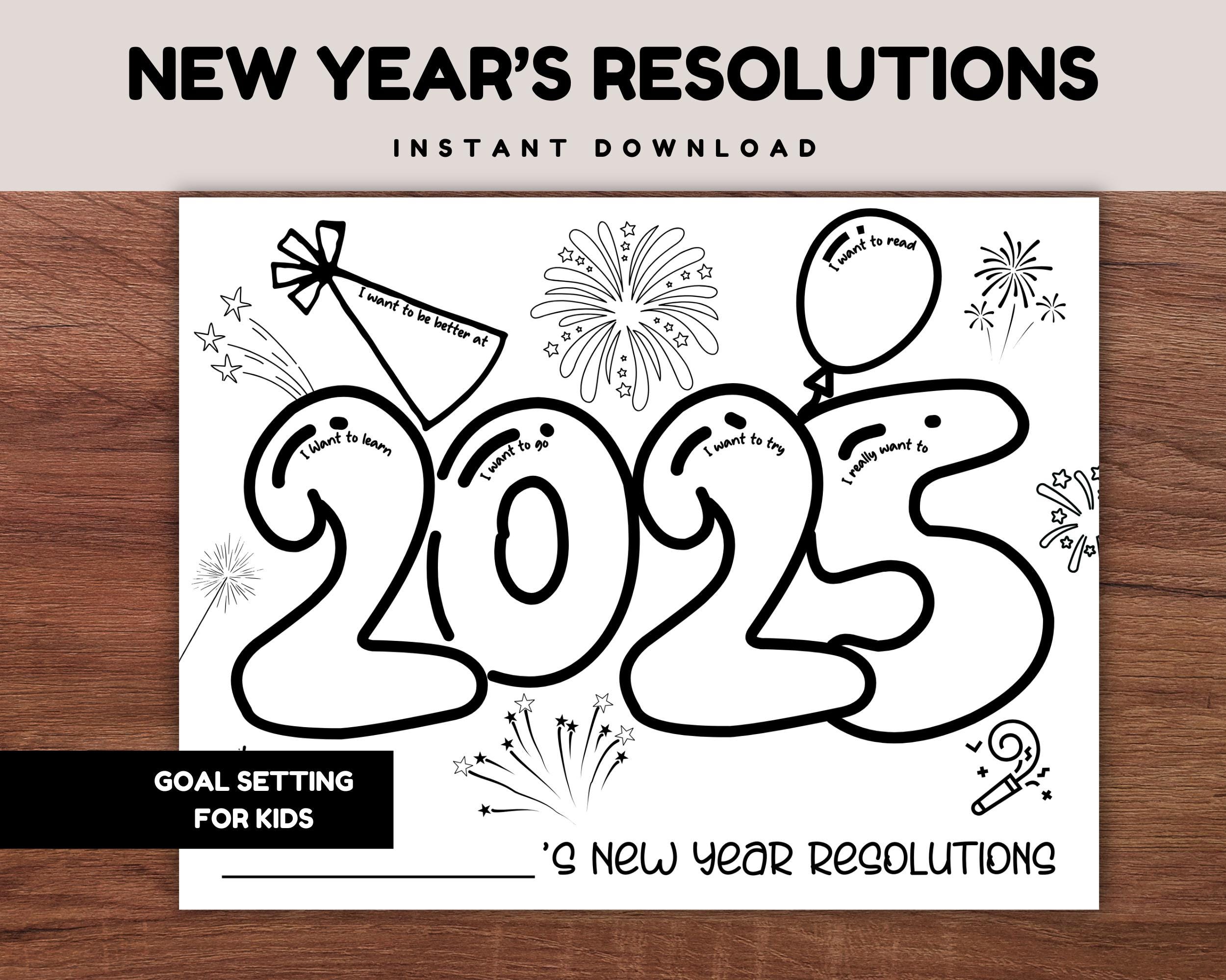 New Year's Resolutions Coloring Page for Kids 2025, Goal & Reflection ...