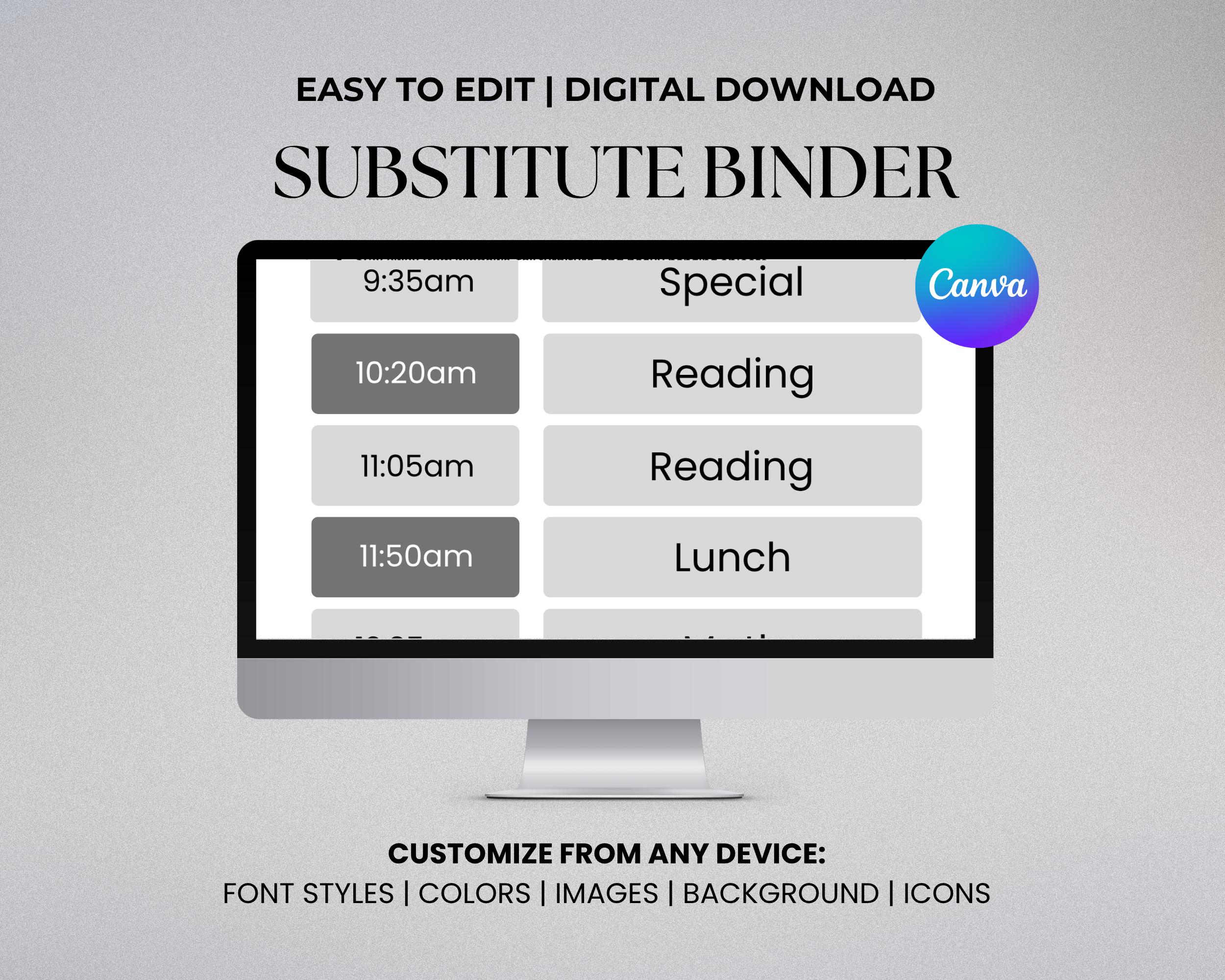 Substitute Teacher Binder Editable Template, Substitute Plans, Sub Plan ...