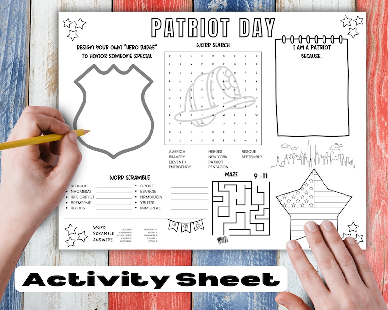 Patriot Day Activity Page Printable Placemat, 9/11 Remembrance Day ...
