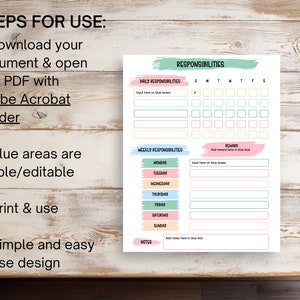 Responsibility Chore Chart for Kids Editable Printable, Daily Weekly ...