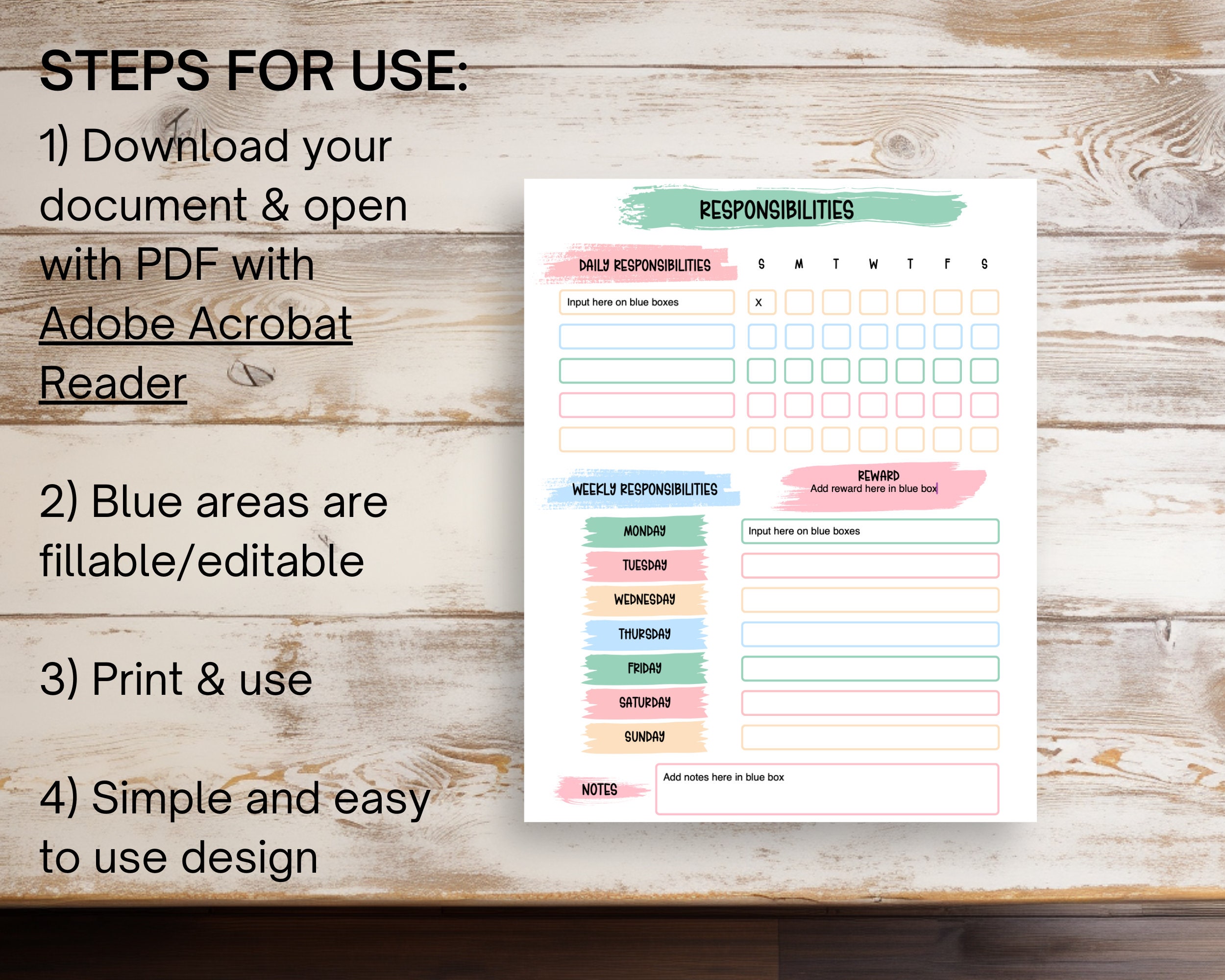 Responsibility Chore Chart for Kids Editable Printable, Daily Weekly ...