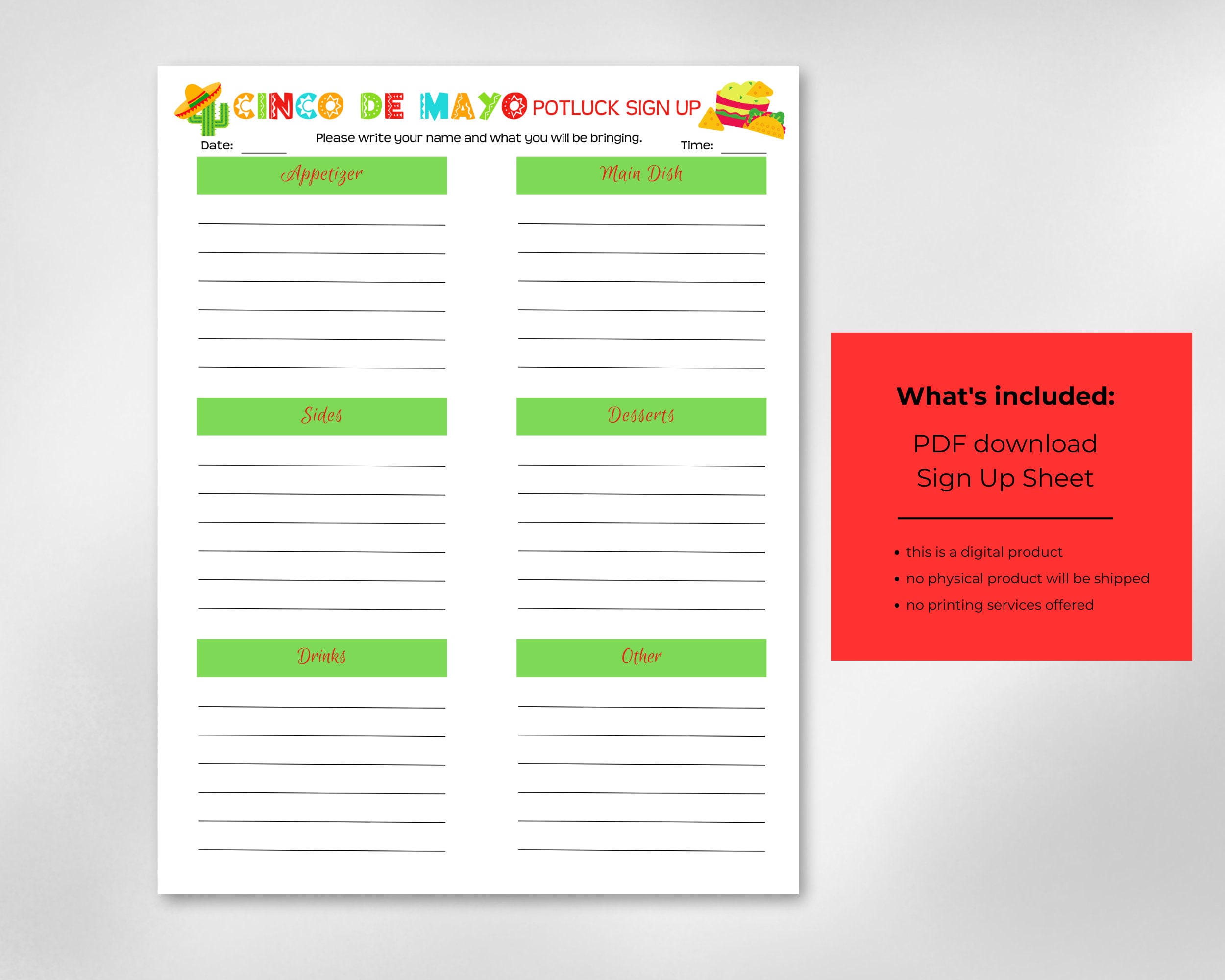 Cinco De Mayo Potluck Sign up Sheet Printable, Mexican Fiesta Potluck ...