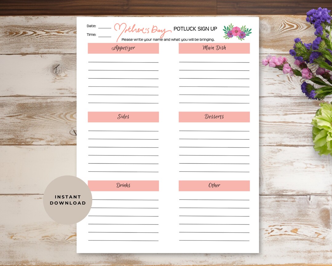 Mother's Day Potluck Sign up Sheet Printable, Mother's Day Brunch ...