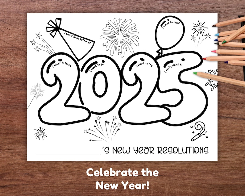 New Year's Resolutions Coloring Page for Kids 2025, Goal & Reflection ...