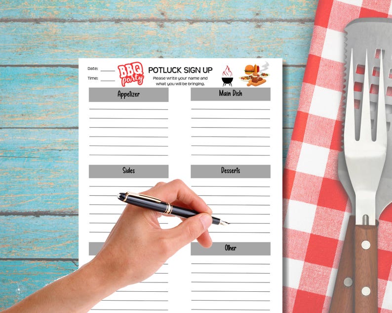 BBQ Backyard Potluck Fillable Sign up Sheet, Sign up for Potluck Lunch ...