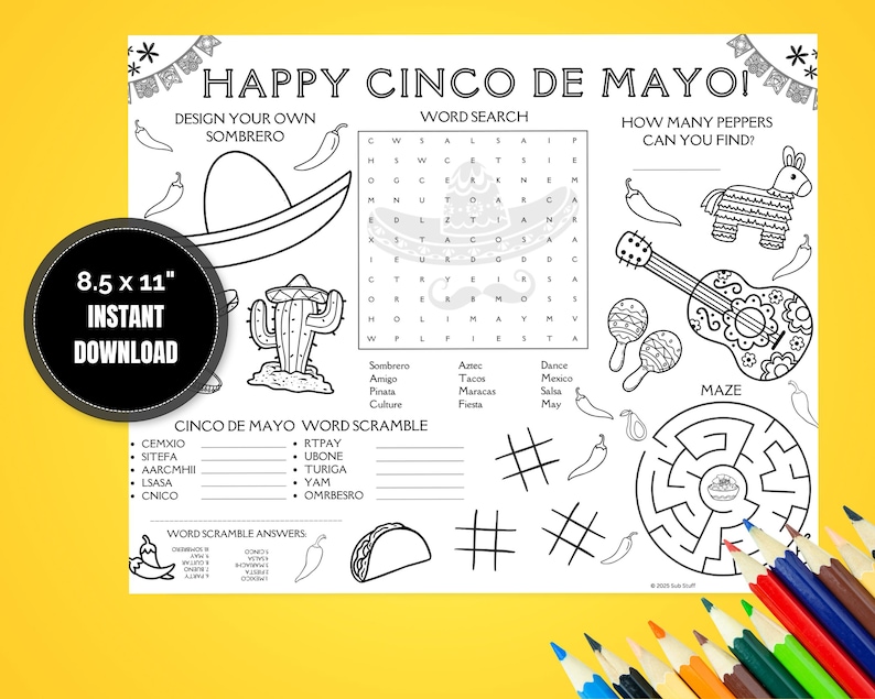 Cinco De Mayo Coloring Activity Placemat Printable, Fiesta Game ...