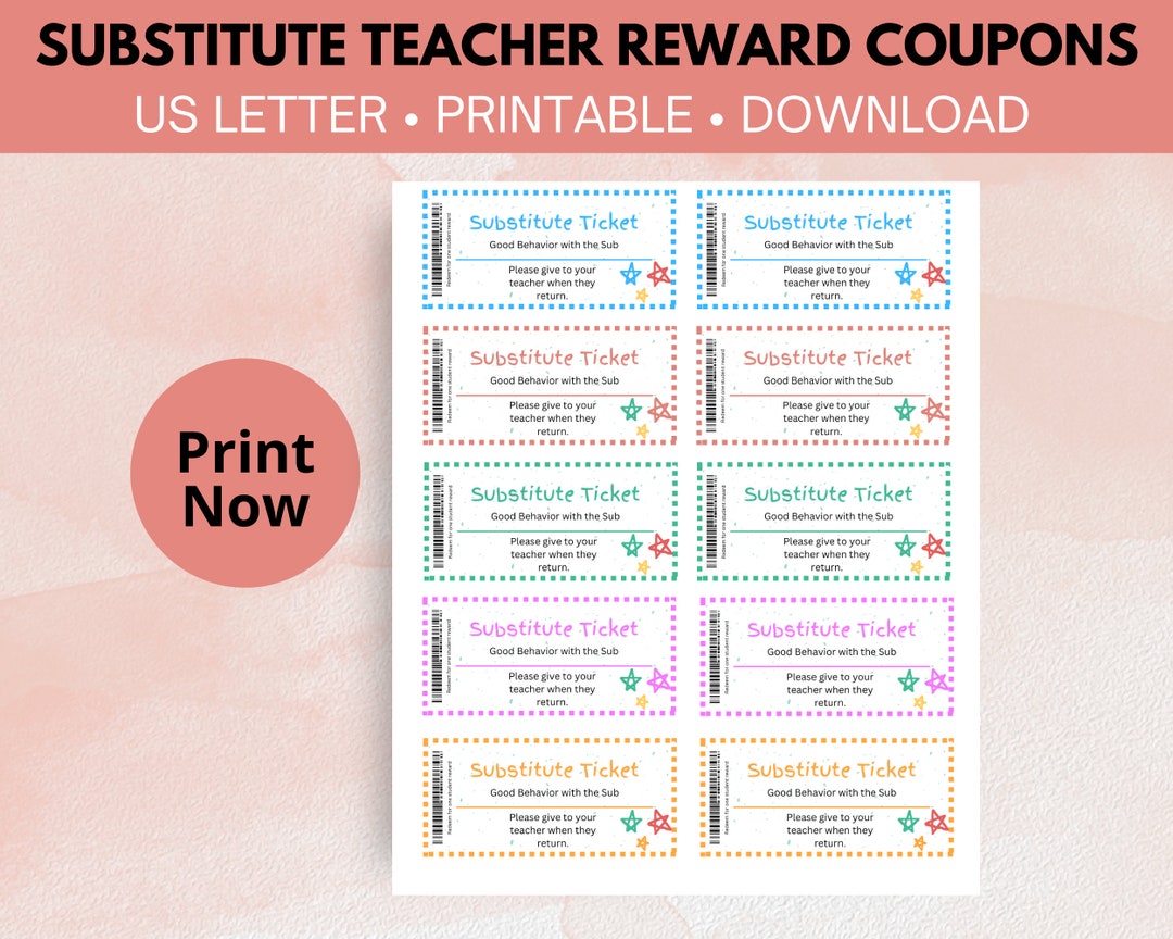 Substitute Teacher Reward Coupons, Kids Reward Coupon Printable ...