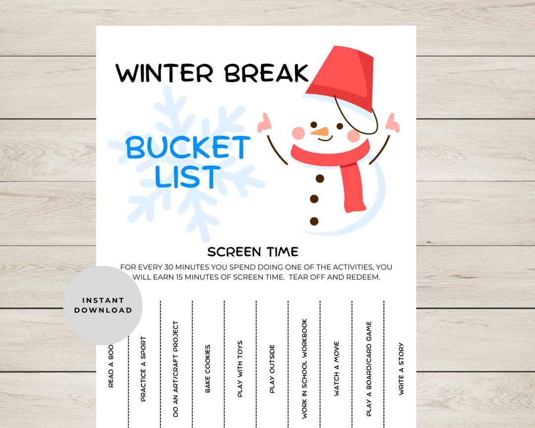 Winter Break Bucket List Tear-off to Earn Screen Time Printable, Kids ...