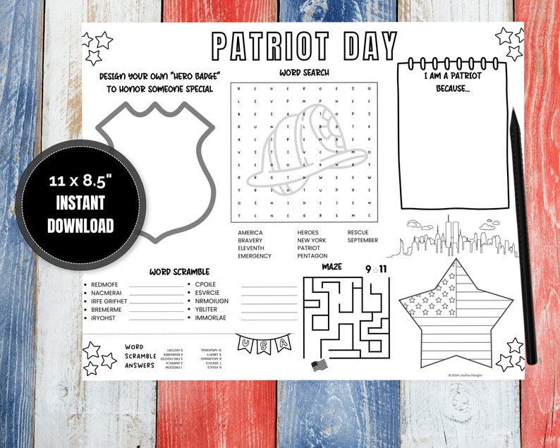 Patriot Day Activity Page Printable Placemat, 9/11 Remembrance Day ...
