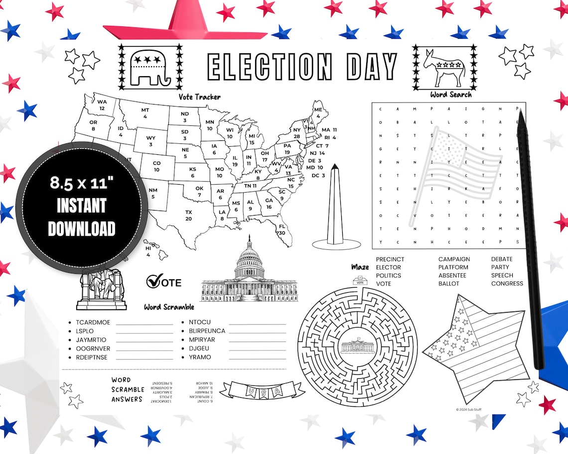 Election Day Activity Page Placemat Printable, Presidential Election ...