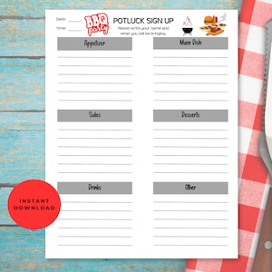 BBQ Backyard Potluck Sign up Sheet Printable, Sign up for Potluck Lunch ...