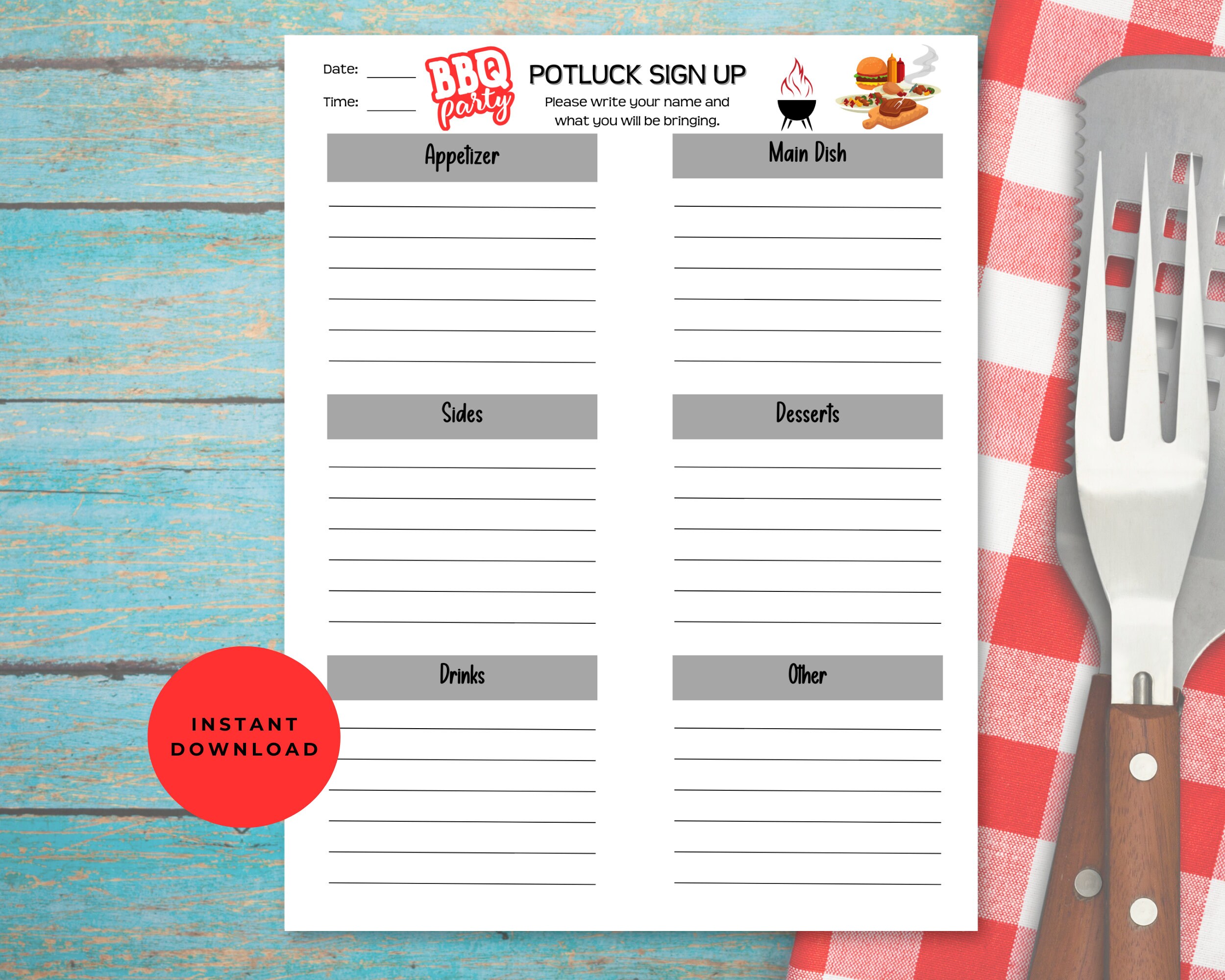 BBQ Backyard Potluck Sign up Sheet Printable, Sign up for Potluck Lunch ...